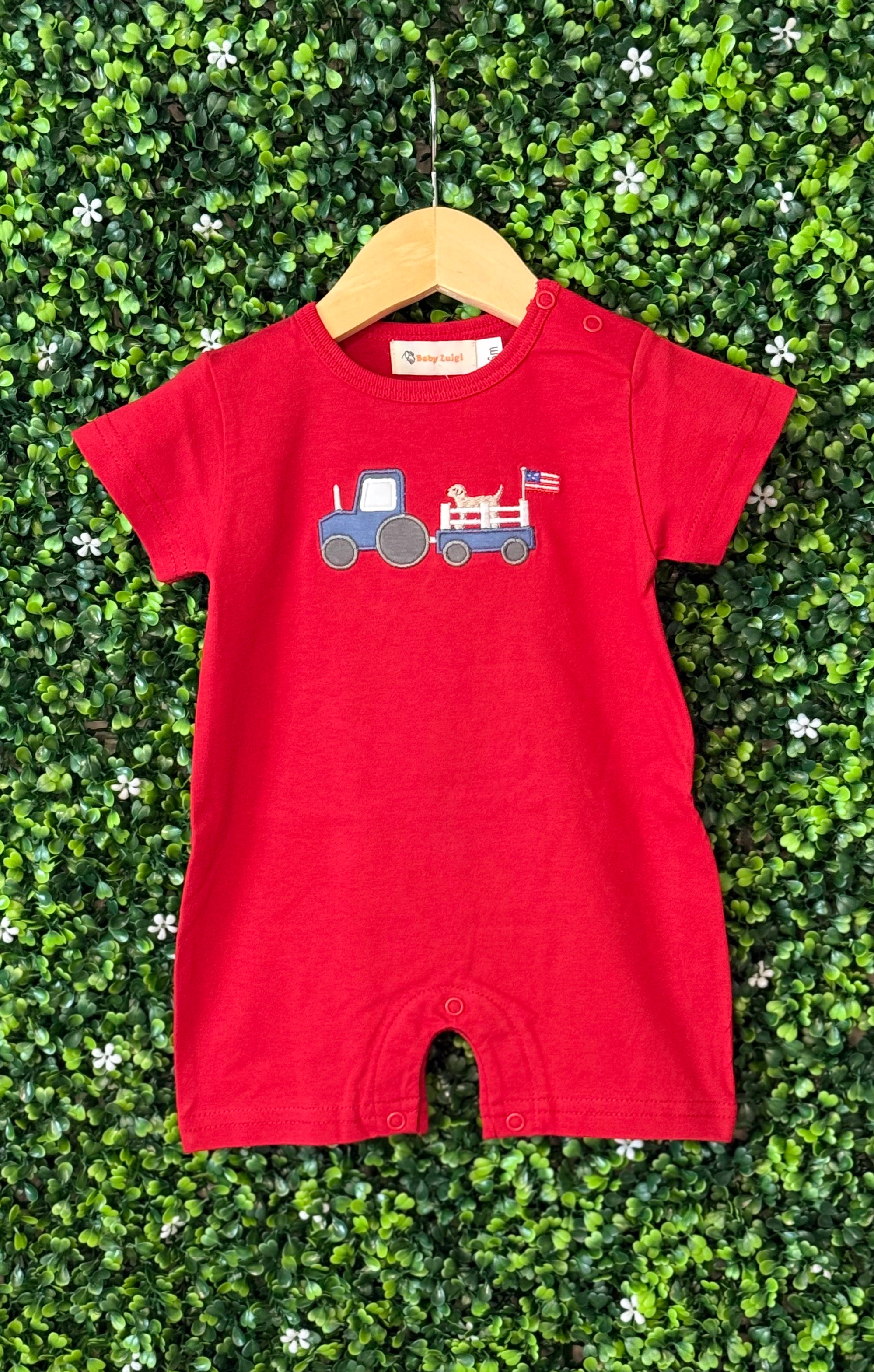 Luigi Tractor w/Lab and Flag Romper – Tortoise & Hare Children's Boutique